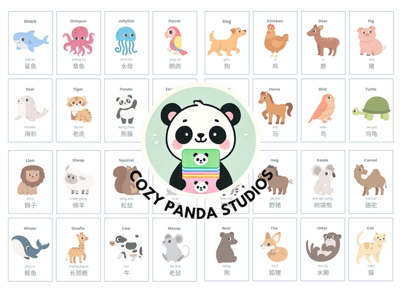Chinese Printable Animal Flashcards With Pinyin and Chinese Characters ...