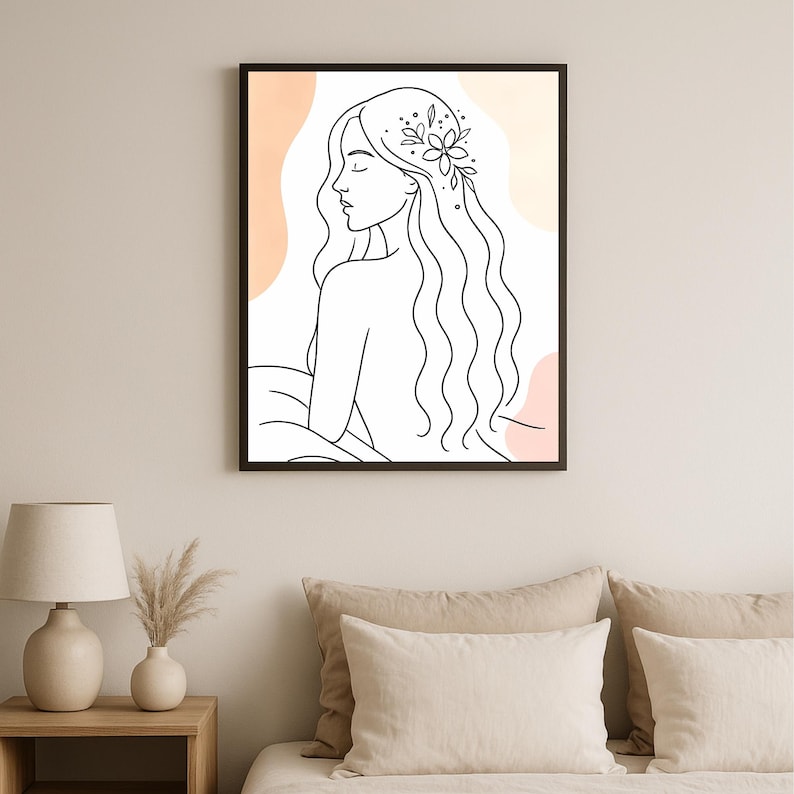 Beautiful Female Figure Line Drawing, Romantic Mermaid Girl Art Print ...