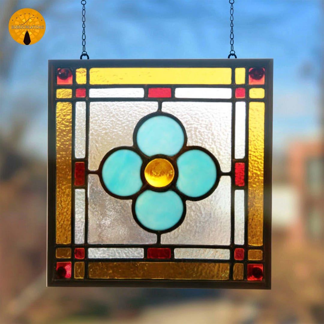 PNF109 Geometric Blue Flower Stained Glass Pattern – Tiffany Style ...