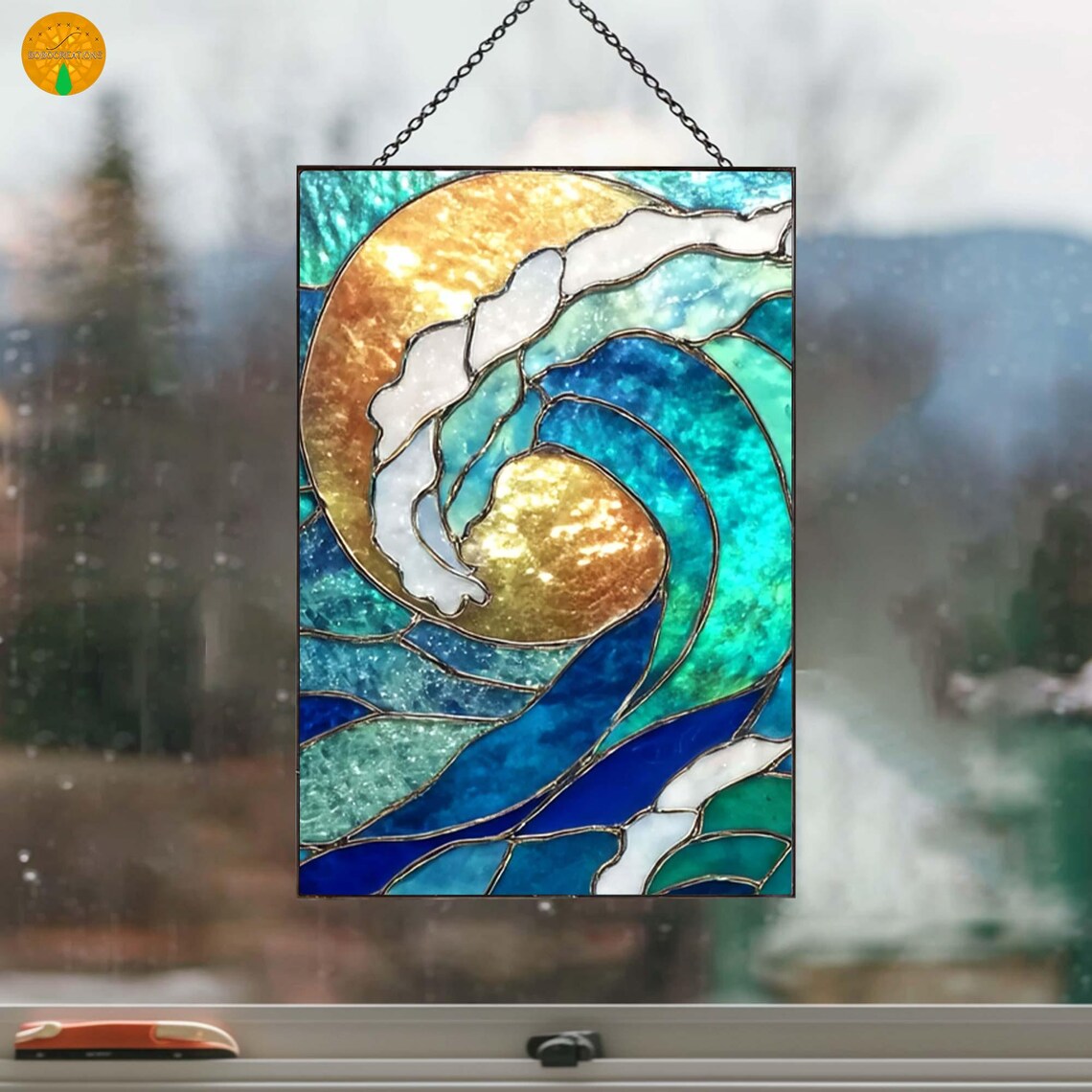 PB245 Wavy and Moon Glass Window Hanging Ocean Suncatcher Ocean Wave ...