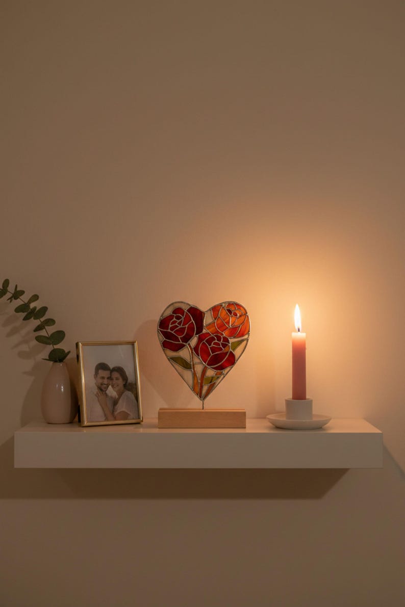PB319 Stained Glass Rose Heart Window Hanging Glass Art Valentines Day ...