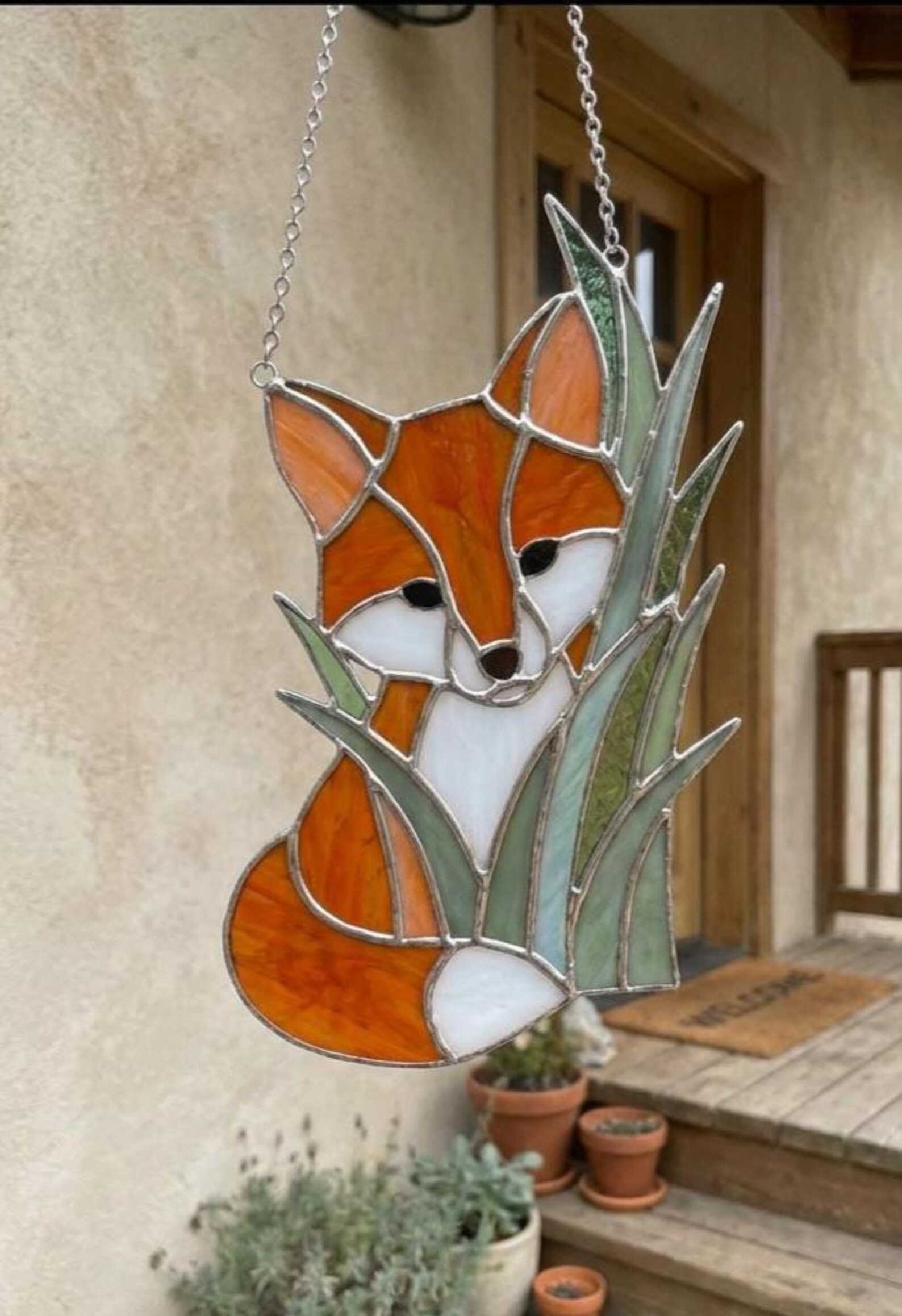 PB392 Stained Glass Fox Suncatcher Red Fox Home Decor Window or Wall ...