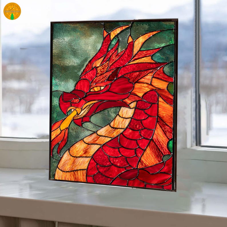 PB113 Red Dragon Stained Glass Pattern Dragon Modern Suncatcher Dragon ...
