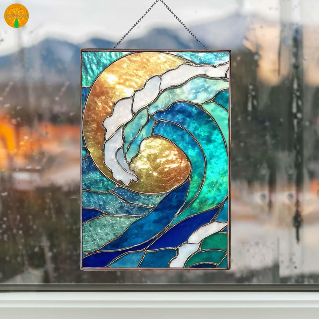 PB245 Wavy and Moon Glass Window Hanging Ocean Suncatcher Ocean Wave ...
