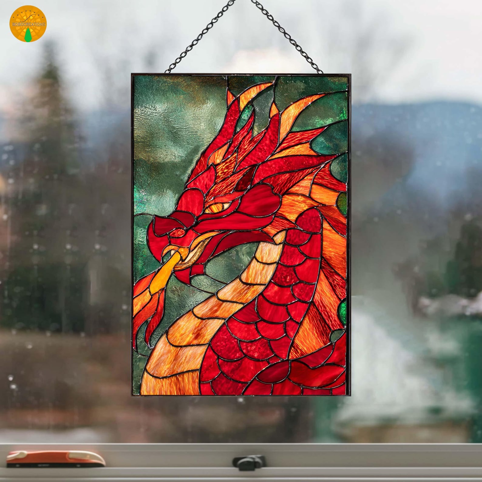 PB113 Red Dragon Stained Glass Pattern Dragon Modern Suncatcher Dragon ...