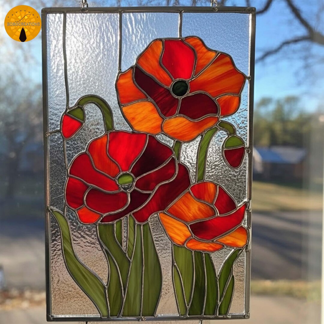 PNF246 Red Poppy Stained Glass Pattern PDF, Flower Panel Suncatcher ...