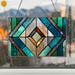 PB170 Teal Diamond Square Stained Glass Panel Glass Art Decor Gift ...