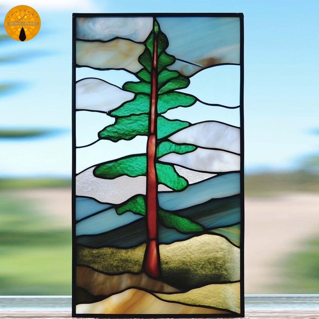 PNF74 Pine Tree Stained Glass Pattern – Mountain Landscape Window Panel ...