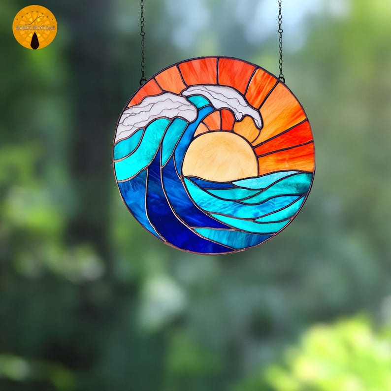 PNF166 Ocean Wave and Sunrise Stained Glass Pattern Template for Window ...