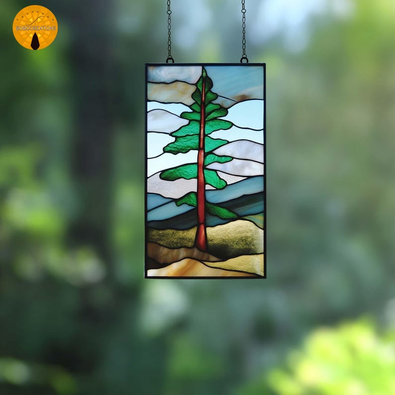 PNF74 Pine Tree Stained Glass Pattern – Mountain Landscape Window Panel ...