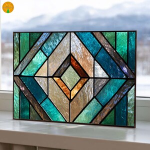 PB170 Teal Diamond Square Stained Glass Panel Glass Art Decor Gift ...