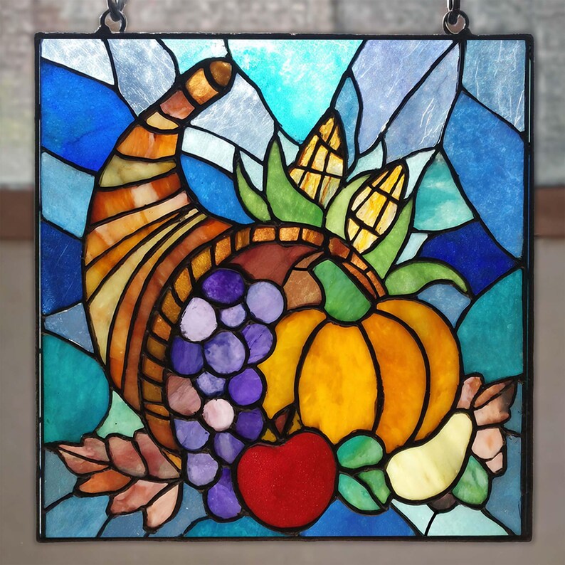 PB61 Vintage Cornucopia Fruit Basket Stained Glass Home Decor Gift for ...