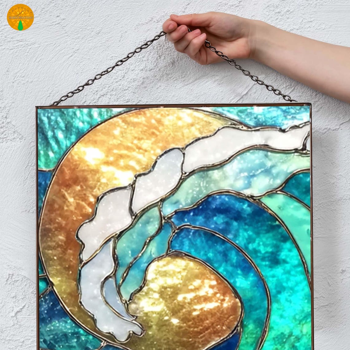 PB245 Wavy and Moon Glass Window Hanging Ocean Suncatcher Ocean Wave ...