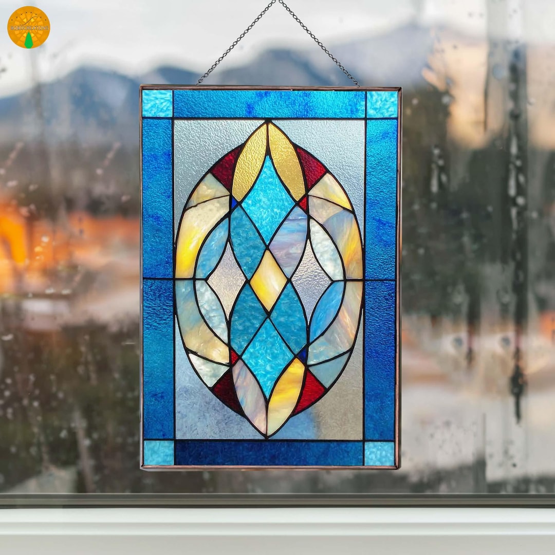 PB133 Geometric Stained Glass Panel Home Decor Gift Window Panel ...
