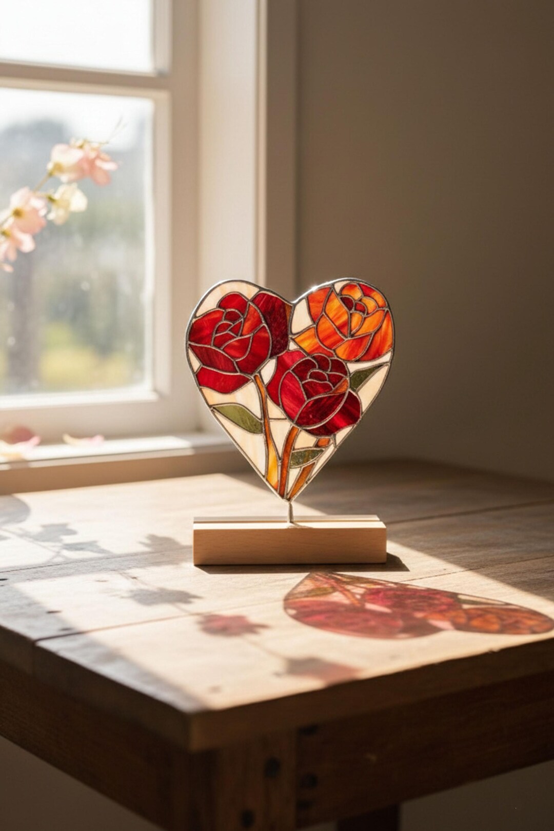 PB319 Stained Glass Rose Heart Window Hanging Glass Art Valentines Day ...