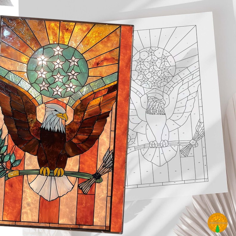 NP38 Bald Eagle Stained Glass Pattern, White Eagle and Olive Branch Celestial Eagle Great Seal ...