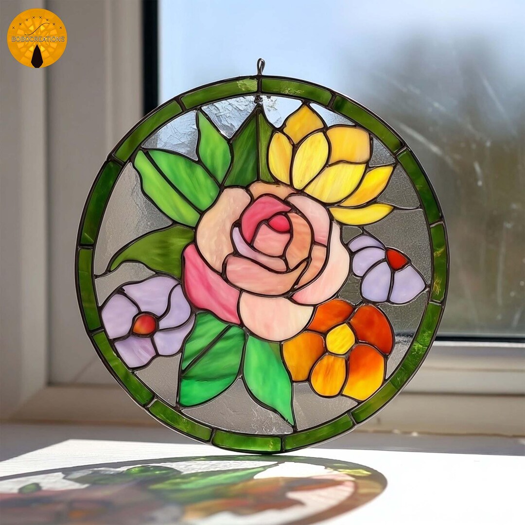 PNF75 Floral Round Stained Glass Pattern – Rose and Flower Window Panel ...