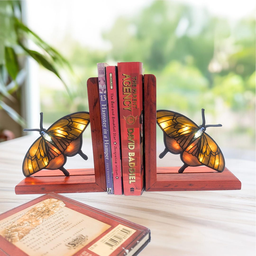 Butterfly Bookend BO04 – Yellow Light and Pink Glass & 3D Printed Book ...