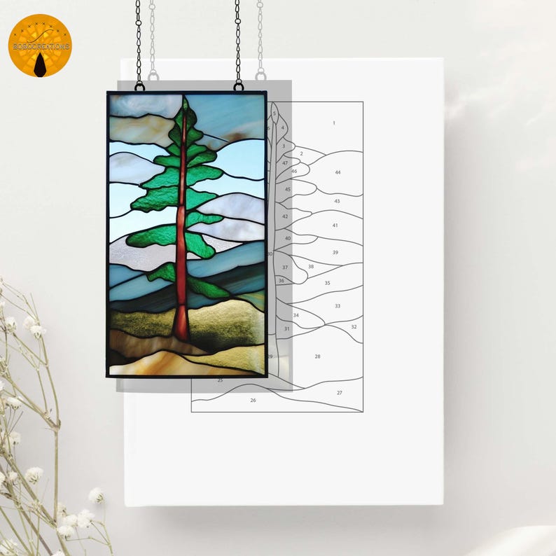 PNF74 Pine Tree Stained Glass Pattern – Mountain Landscape Window Panel ...