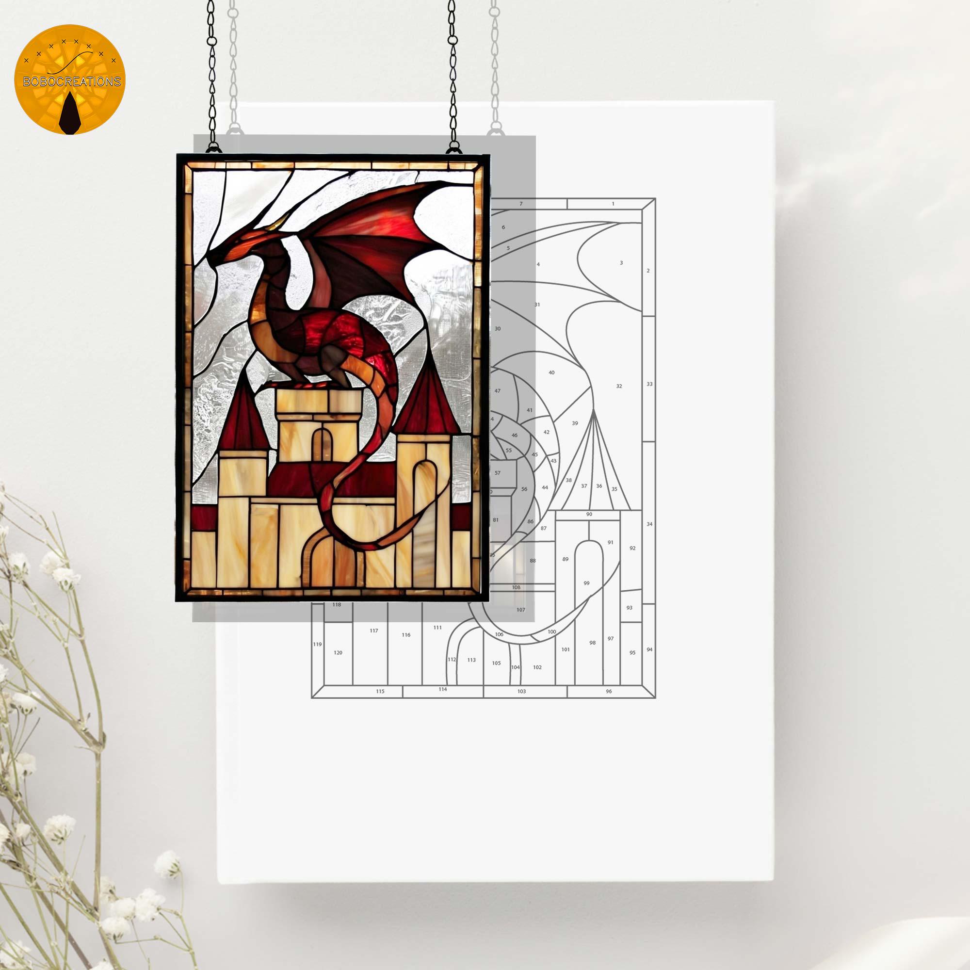 PNF20 Dragon Stained Glass Pattern, Fantasy Castle Design Template, DIY ...