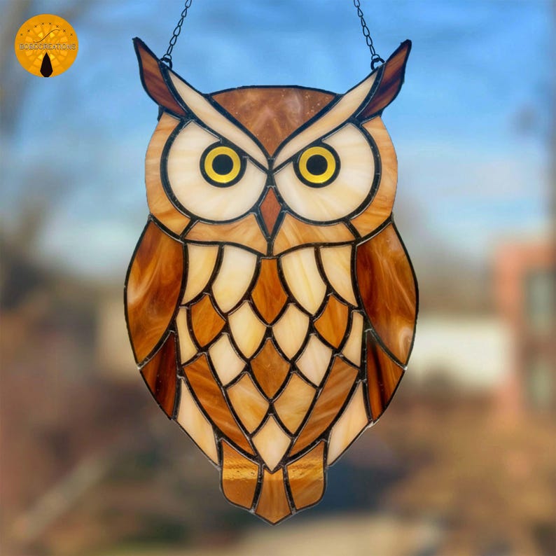 BB49 Owl Stained Glass Pattern – Detailed Bird Suncatcher DIY Template ...