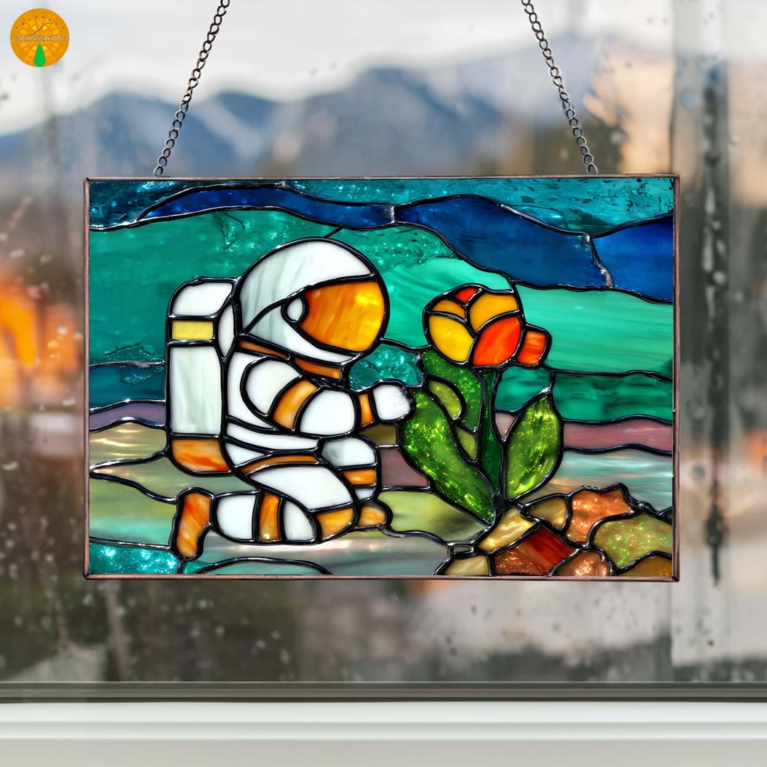 PB208 Astronaut With Flower Stained Glass Suncatcher Stained Glass ...