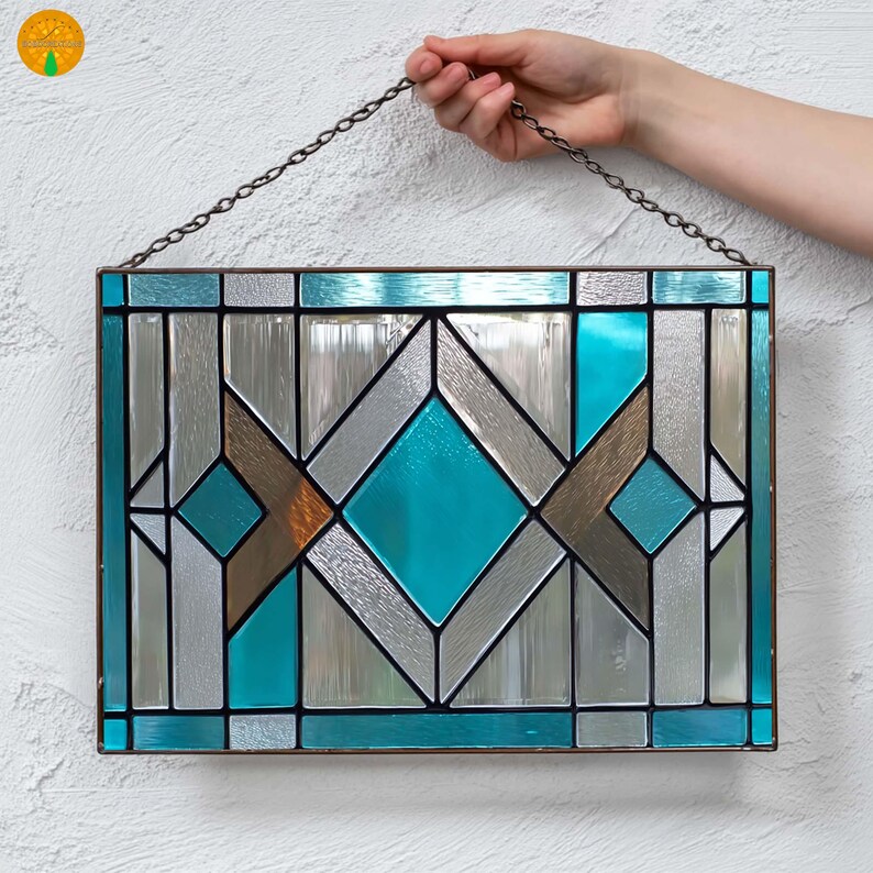 PB121 Amber Teal Stained Glass Panel Home Decor Gift Window Panel ...