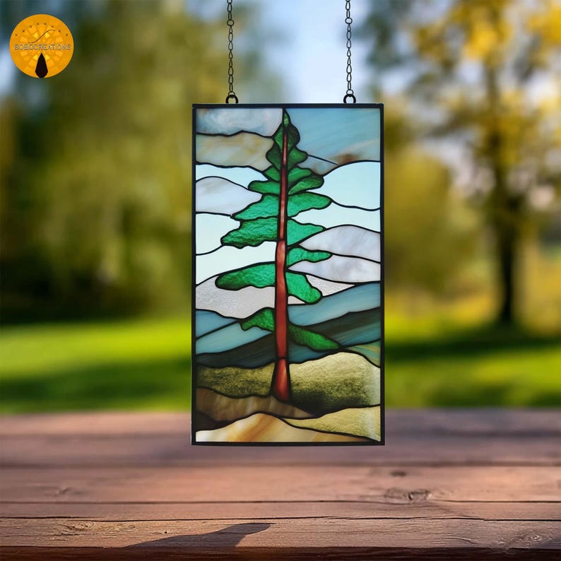 PNF74 Pine Tree Stained Glass Pattern – Mountain Landscape Window Panel ...