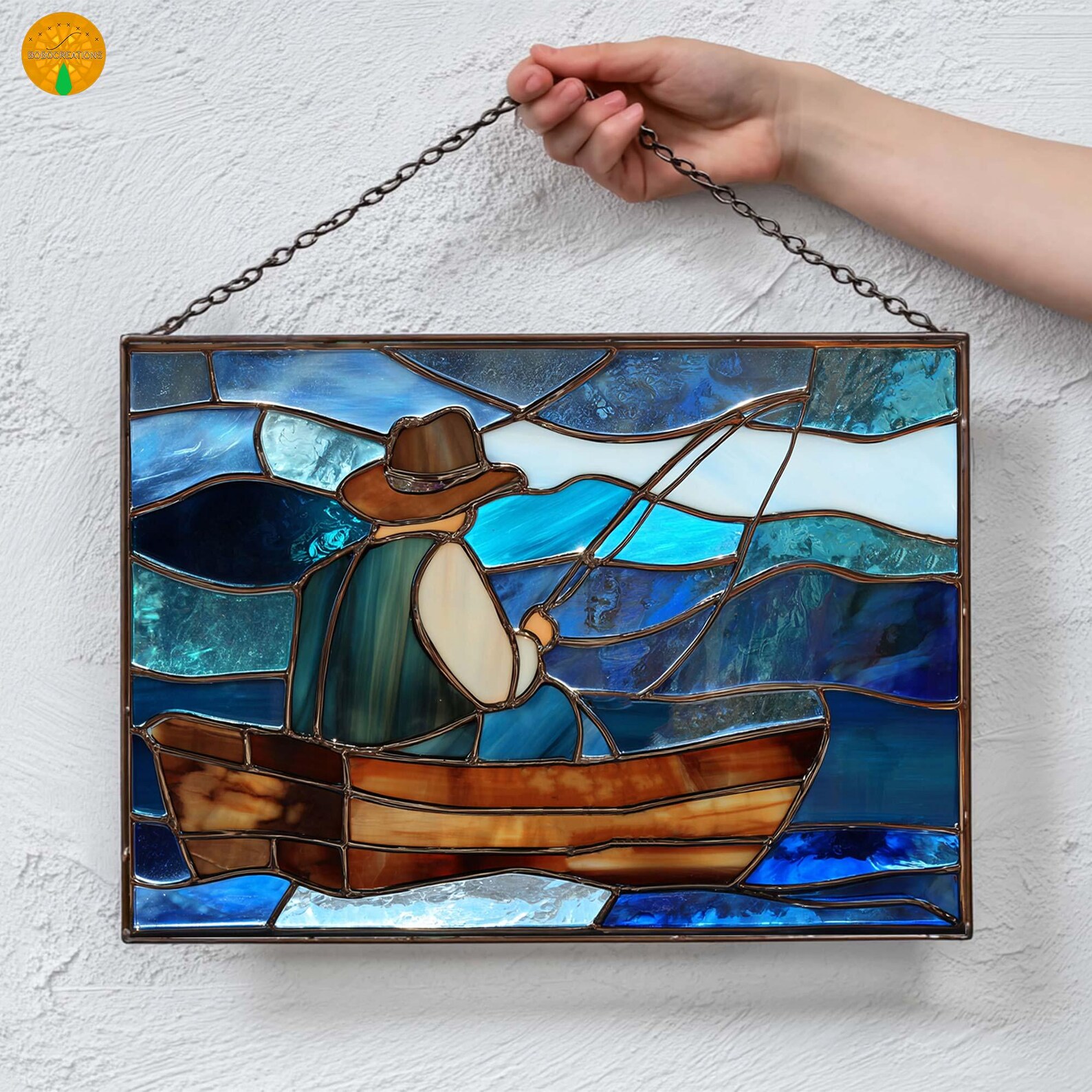 PB203 Fisherman Stained Glass Window Ocean Fishing Home Decor Glass ...