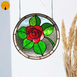 PNF48 Red Rose Stained Glass Pattern – Round Floral Design, Digital ...