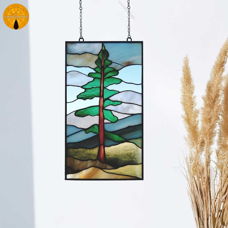PNF74 Pine Tree Stained Glass Pattern – Mountain Landscape Window Panel ...