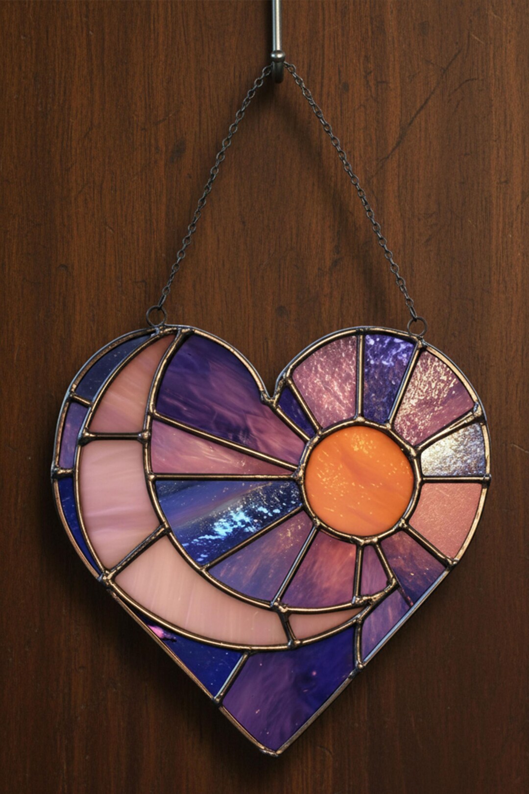 PB336 Heart Shaped Stained Glass Window Hanging Sun & Crescent Moon ...