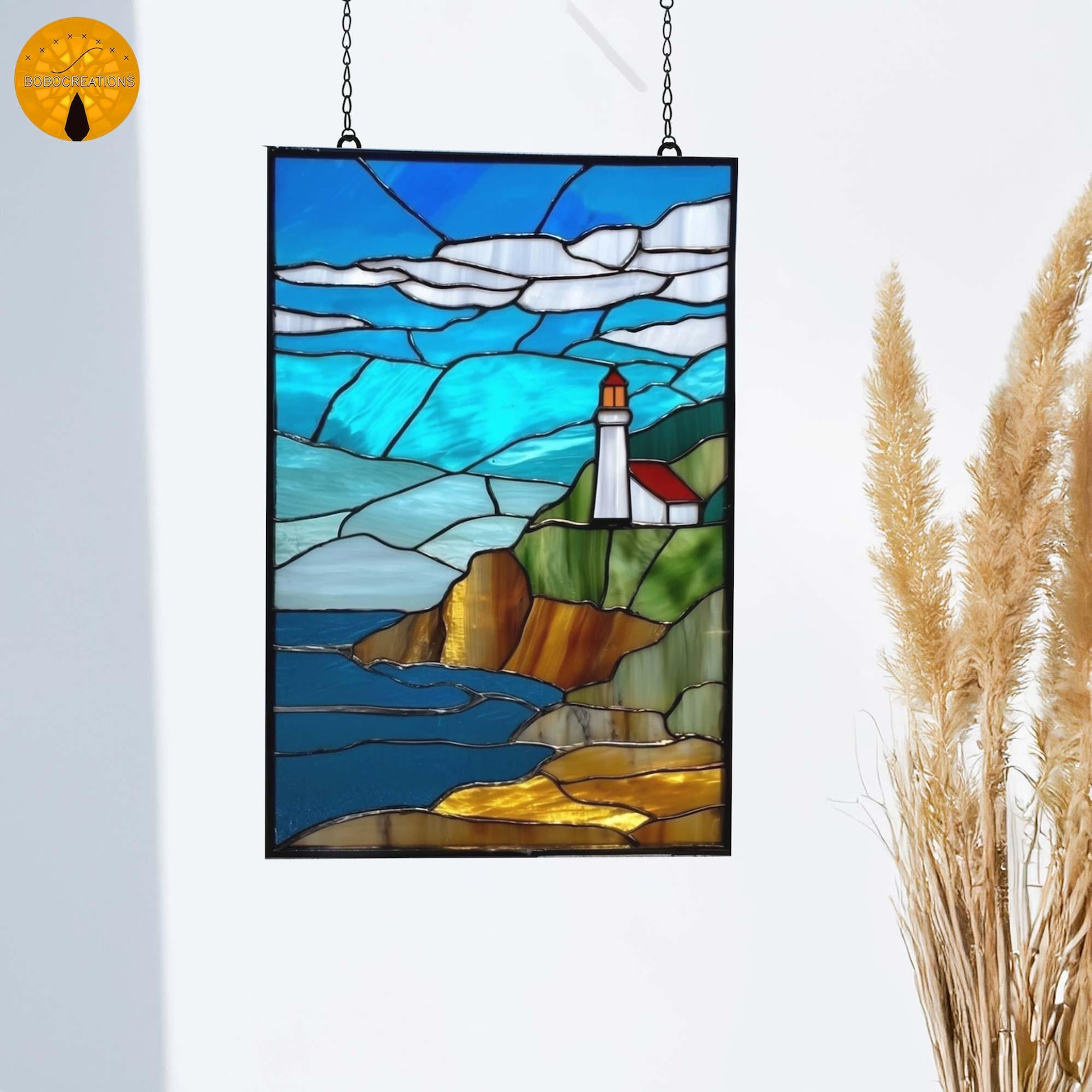 PNF146 Lighthouse Stained Glass Pattern – Coastal Ocean Landscape ...