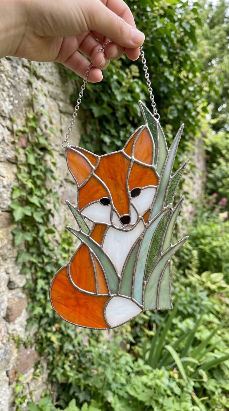 PB392 Stained Glass Fox Suncatcher Red Fox Home Decor Window or Wall ...