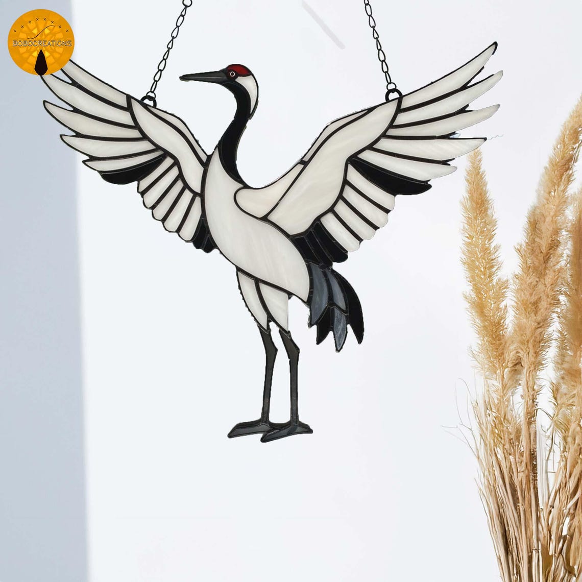 BB74 Stained Glass Crane Pattern – Flying Bird Suncatcher Template for ...