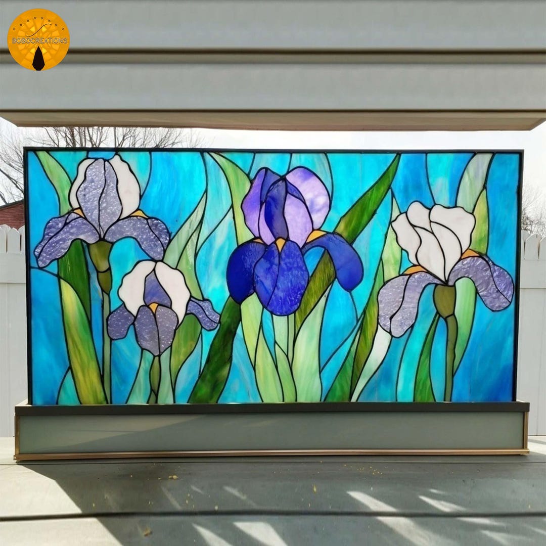 PNF39 Iris Flower Stained Glass Pattern – Blue and White Floral Design ...