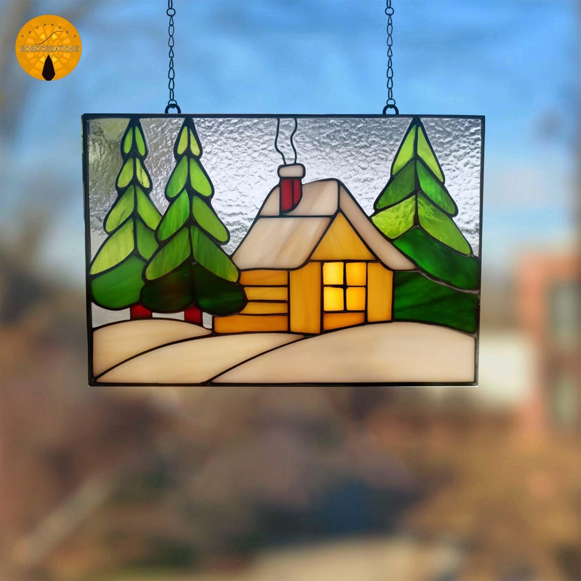PNF67 Winter Cabin Stained Glass Pattern – Cozy Christmas Window Panel ...