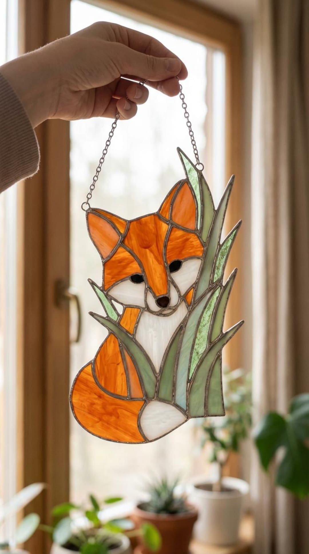 PB392 Stained Glass Fox Suncatcher Red Fox Home Decor Window or Wall ...