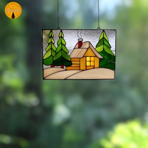 PNF67 Winter Cabin Stained Glass Pattern – Cozy Christmas Window Panel ...