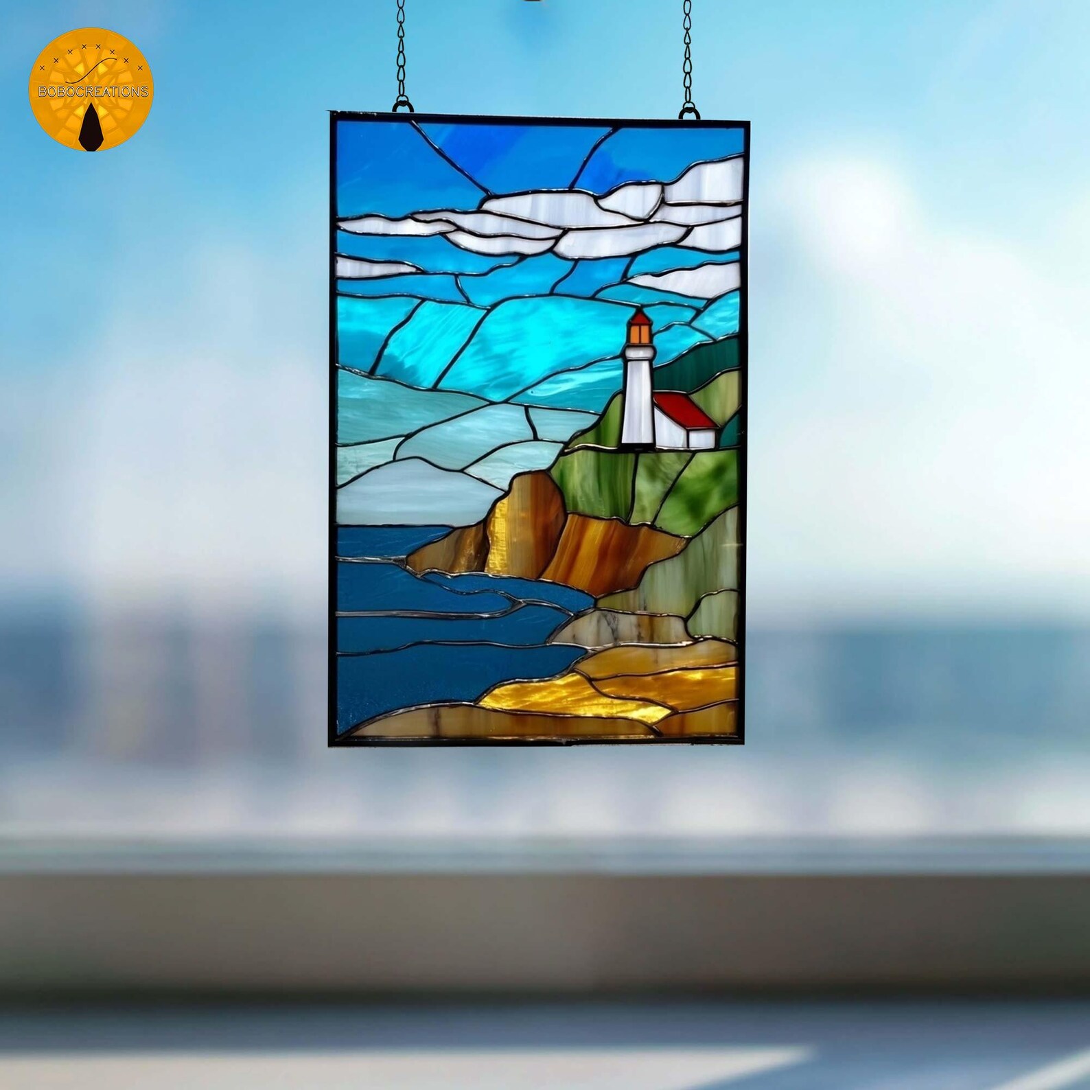 PNF146 Lighthouse Stained Glass Pattern – Coastal Ocean Landscape ...