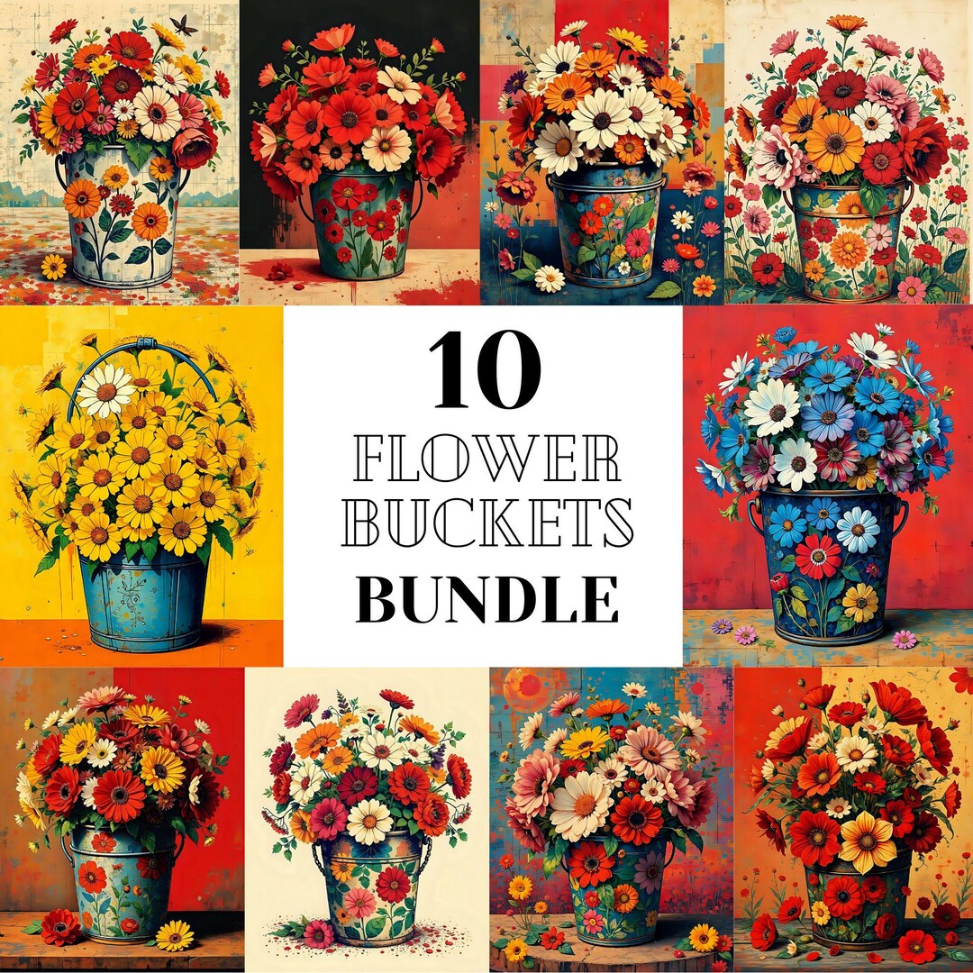 10 Printable Floral Posters | Vintage Flower Buckets Wall Art ...