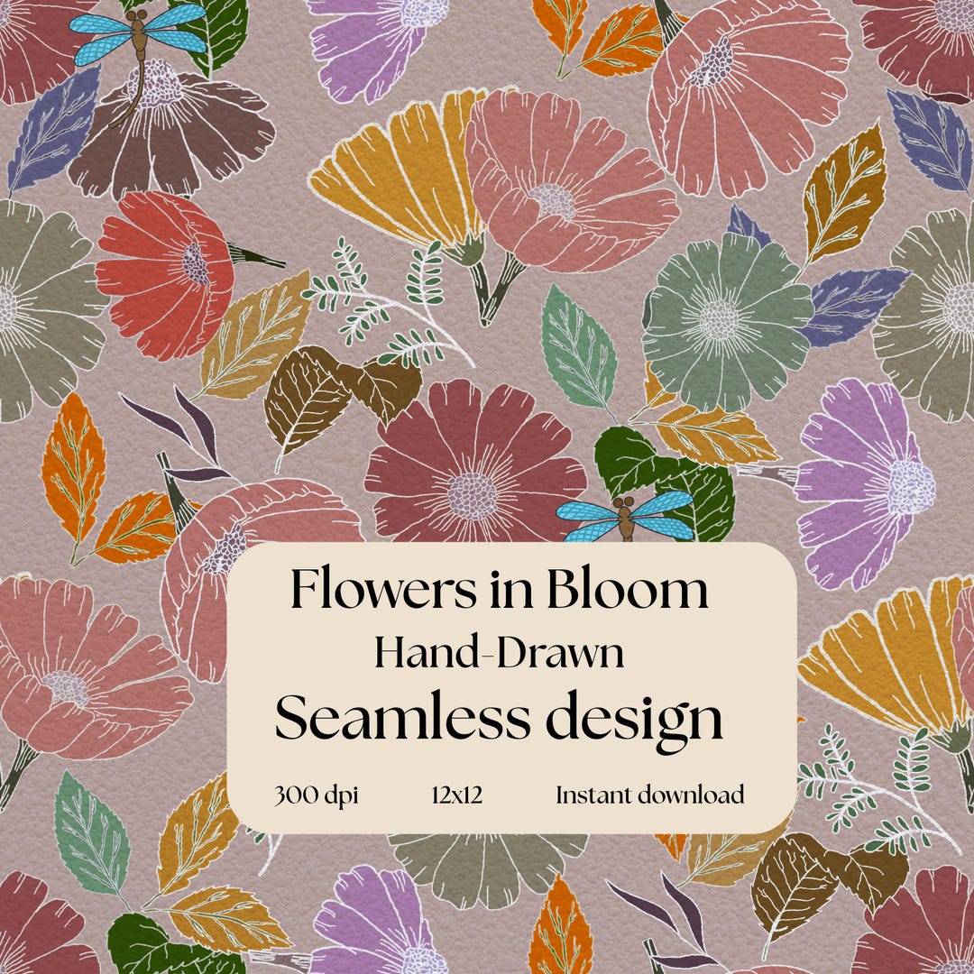 Floral Seamless Pattern Digital Paper | Hand Drawn Flowers in Bloom ...