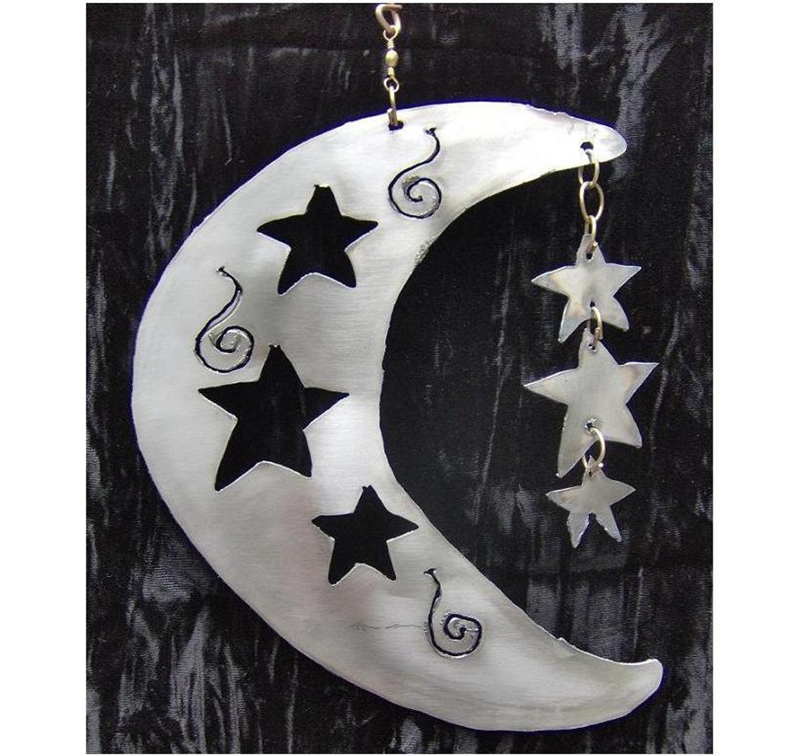MOON N STARS HANGING Celestial Yard Kinetic Metal Art Handcrafted Steel ...