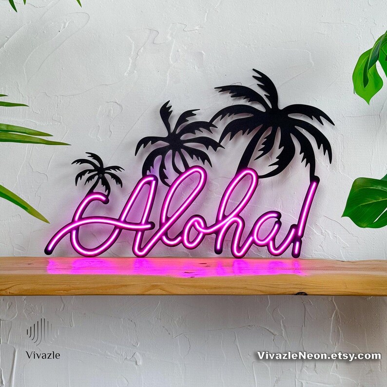 Aloha Neon Sign - LED Metal Wall Art, Tropical Neon Light, Adjustable ...