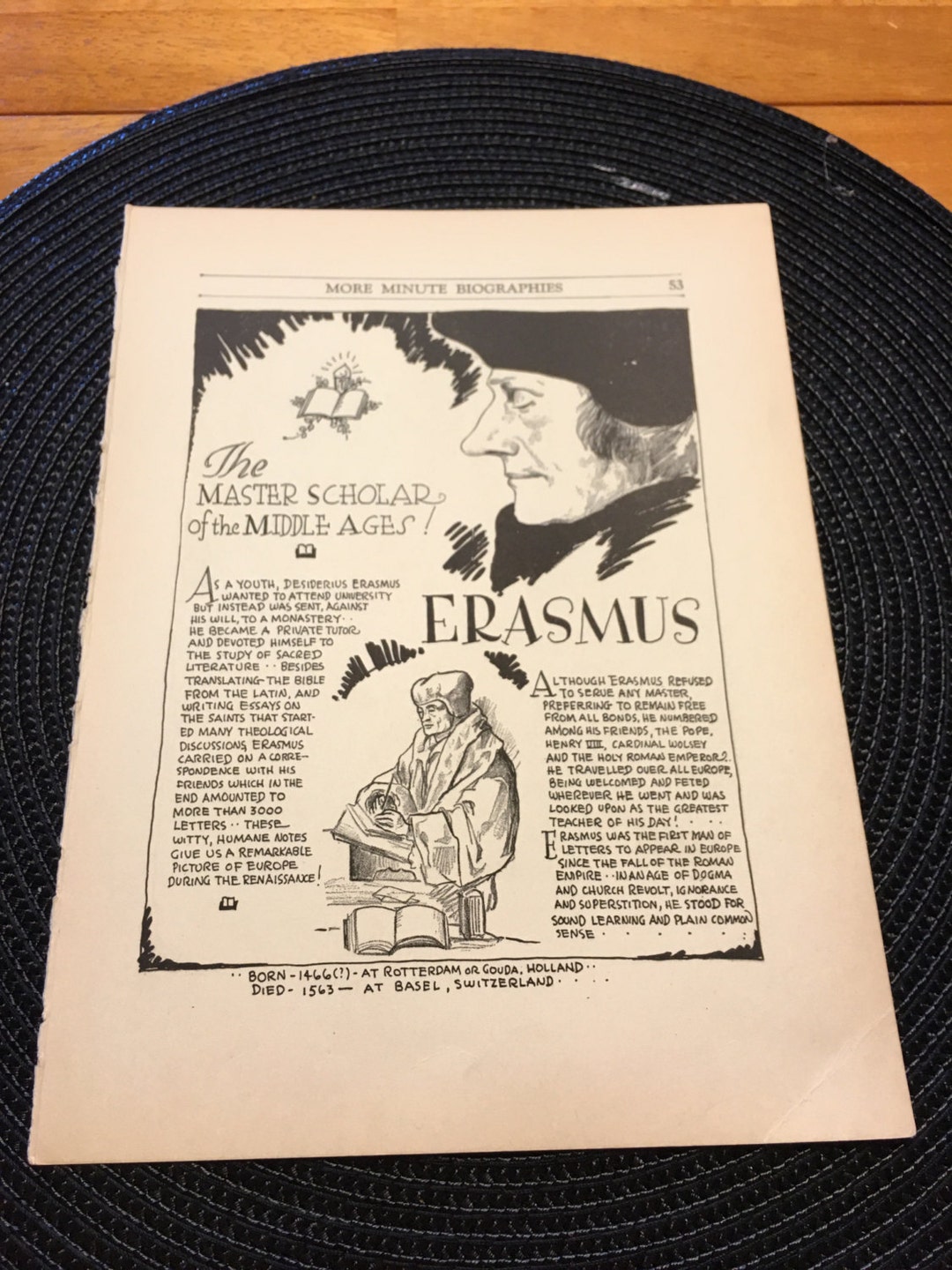 Erasmus the Master Scholar of the Middle Ages. 7 X 11 Great for Framing ...