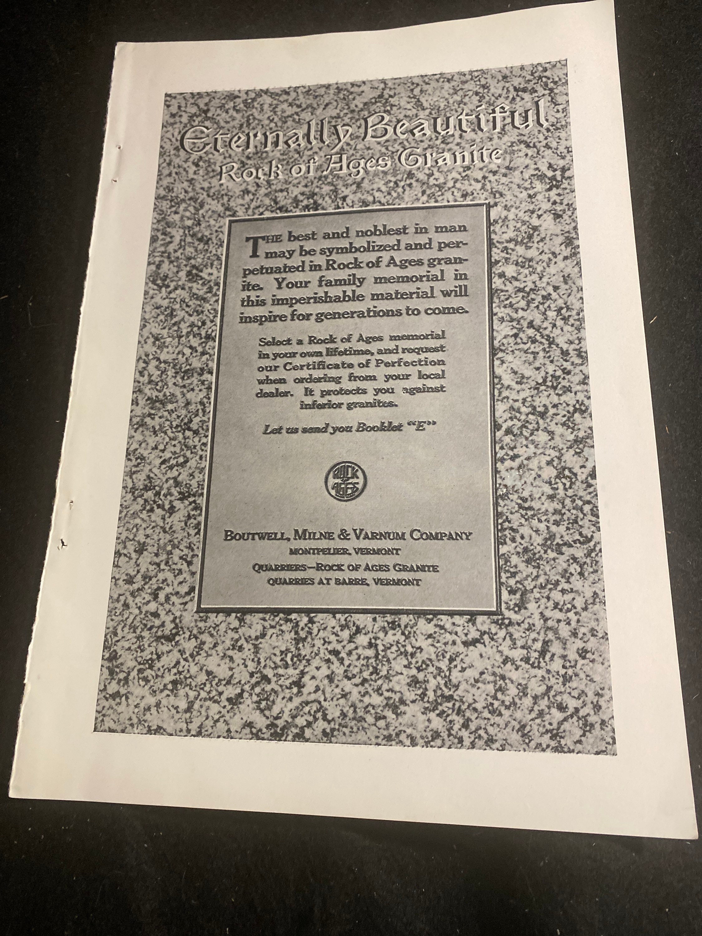 Tombstone Granite Advertisement Circa 1920 Rock of Ages Montpellier ...