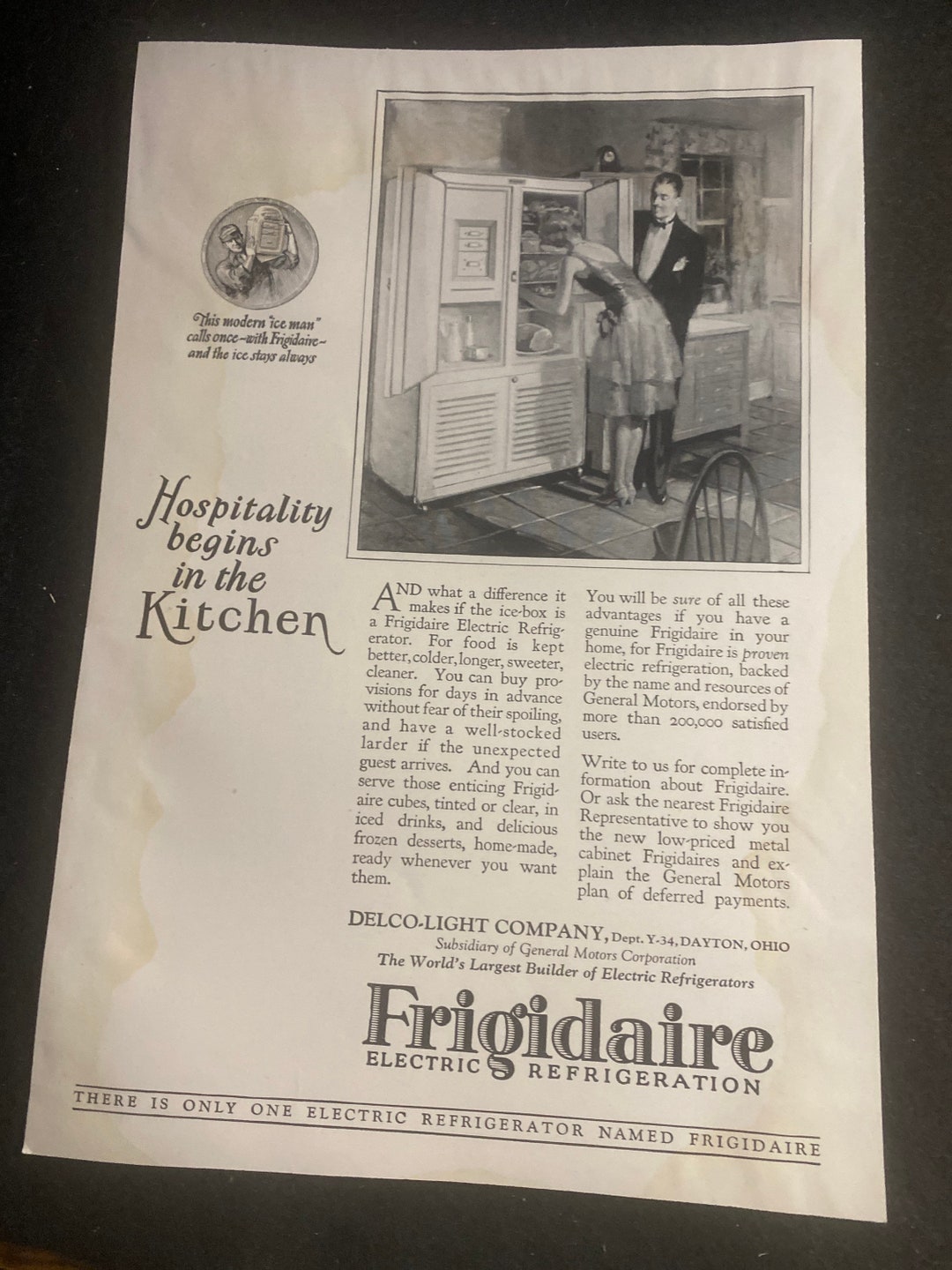 Frigidaire Electric Refrigeration Ad Circa 1920s 9 X 6 Advertisement ...