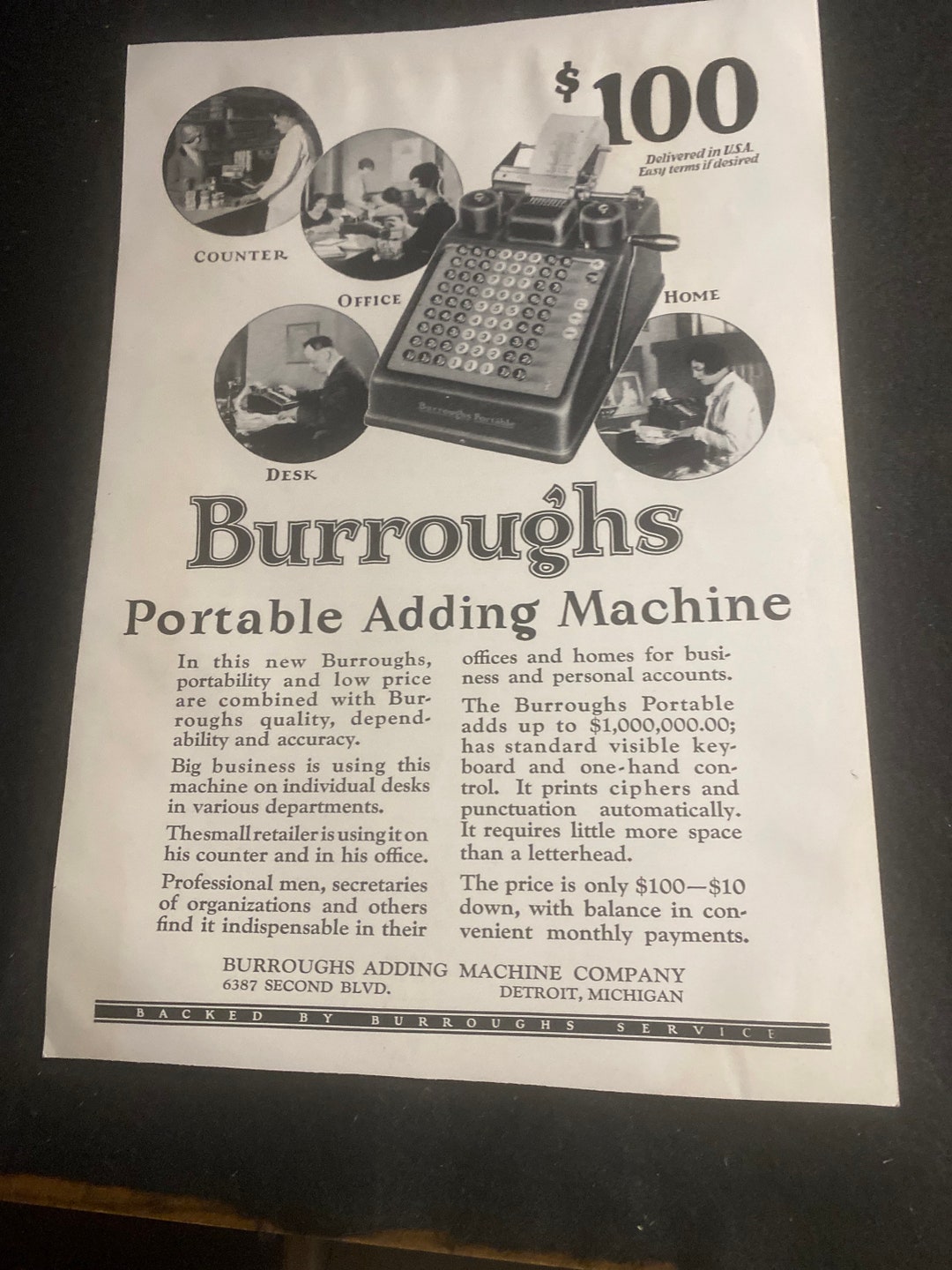 Burroughs Portable Adding Machine Ad Circa 1920s 9 X 6 Advertisement ...