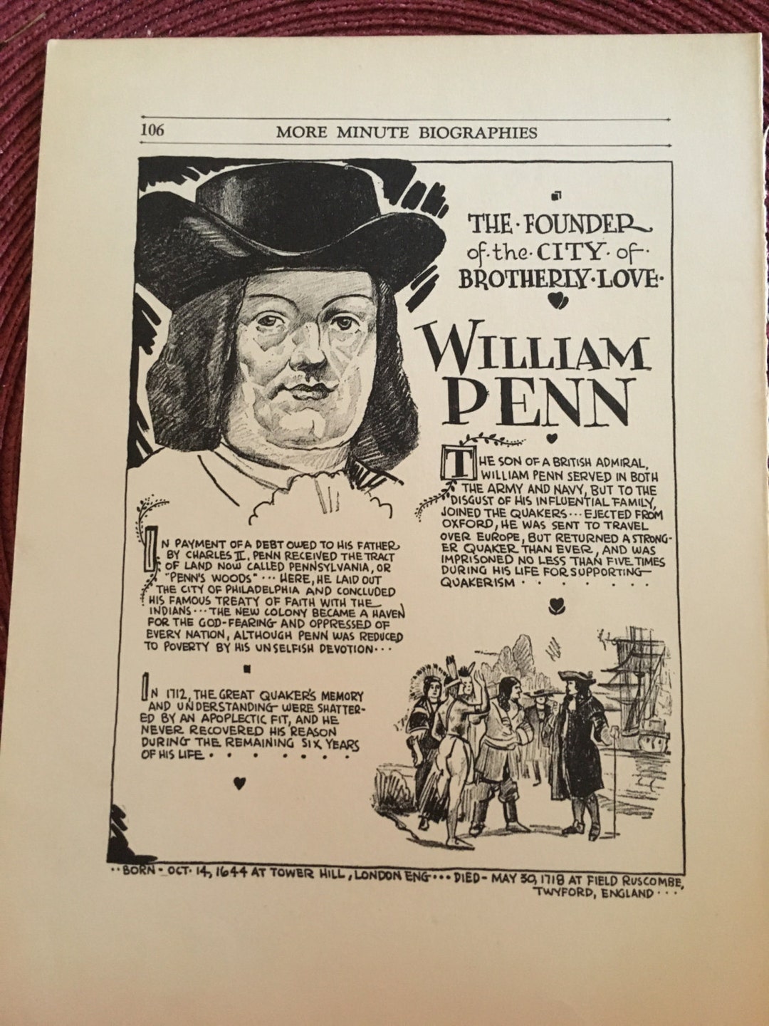 William Penn. the Founder of the City of Brotherly Love. 7 X 11 Great ...