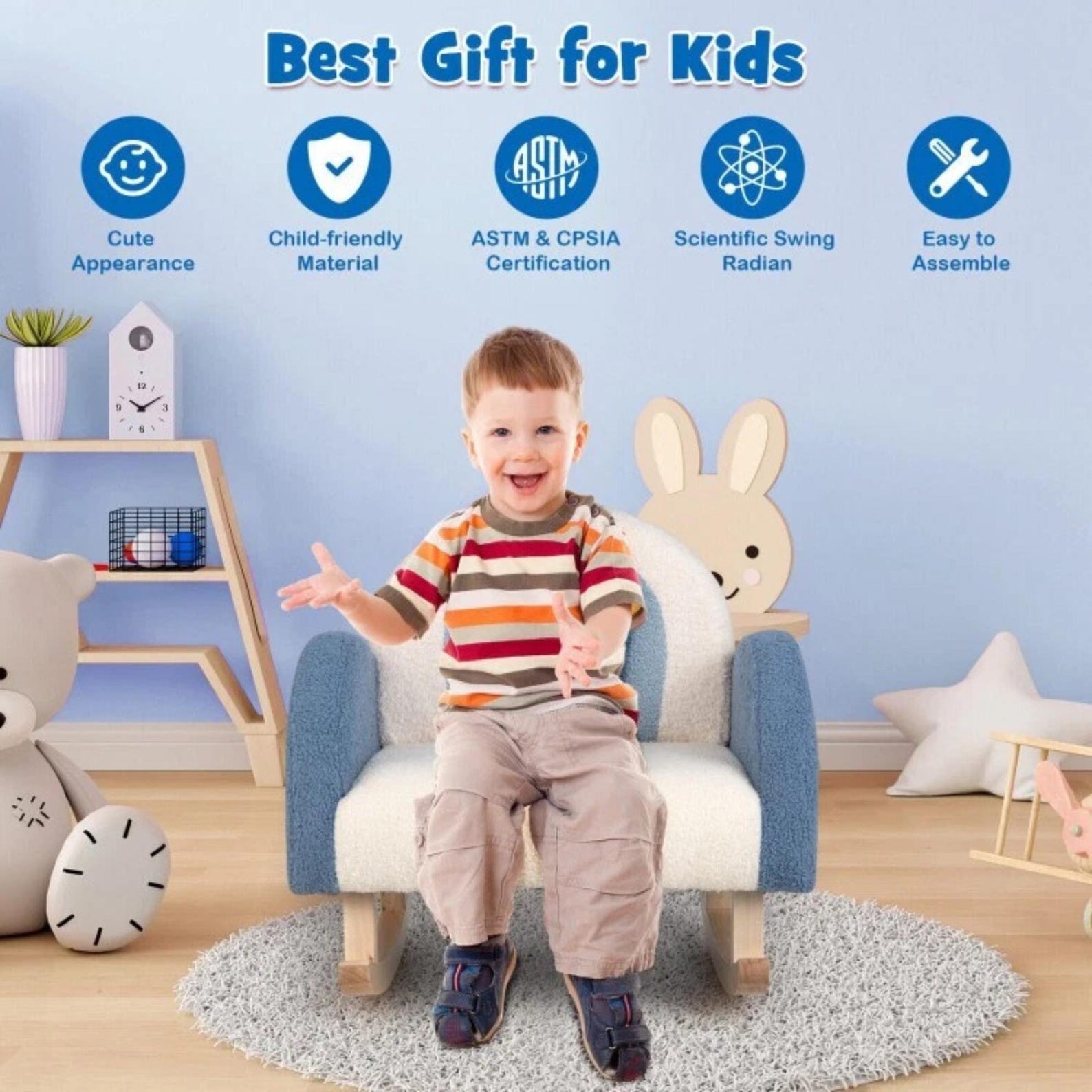 Kids Rocking Chair – Blue Teddy Plush Upholstered Sofa With Rainbow ...